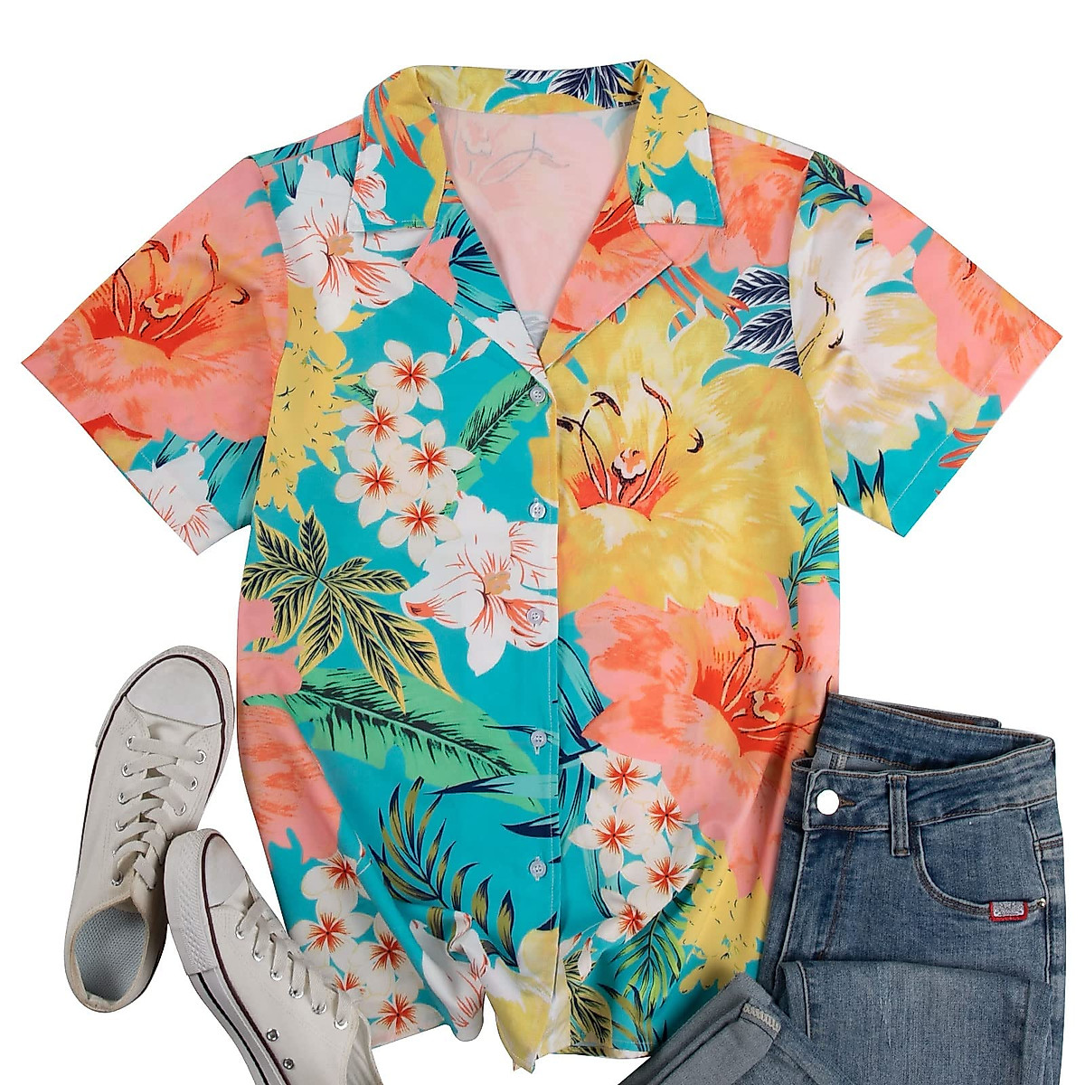Hawaiian Shirts for Women Soft Cool Summer Hawaiian Shirt Floral Tropic Print Tees V Neck Button Up Short Sleeve Top Pink Blue