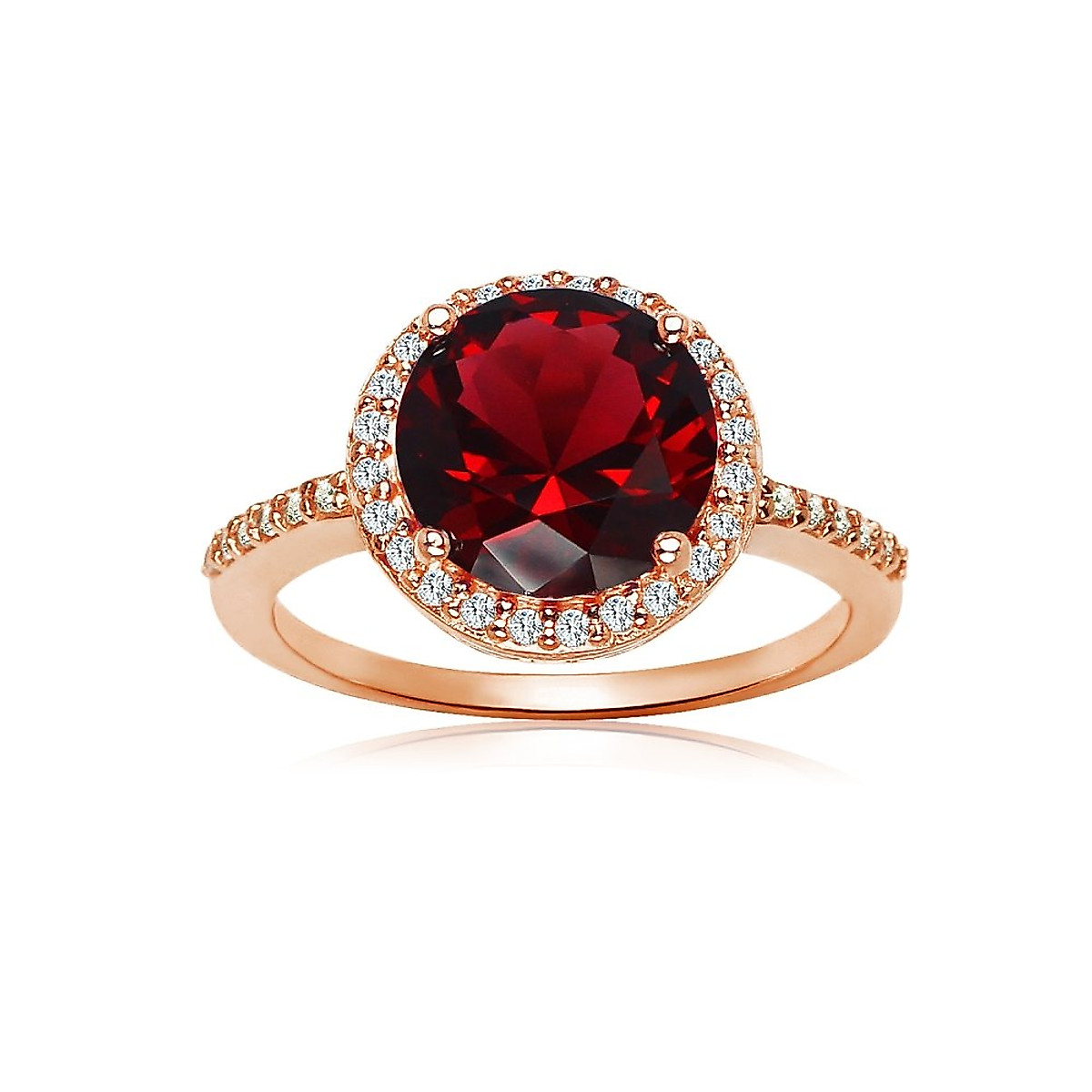 Ice Gems Rose Gold Flashed Silver Simulated Garnet and Cubic Zirconia Round Halo Ring, Size 6