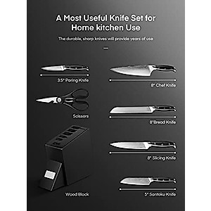 Knipan Knife Set with Block, Damascus Steel Kitchen Knives 7 Piece, Ultra Sharp AUS-10 Japanese Steel Knife Block Sets with Full Tang Handle, Black