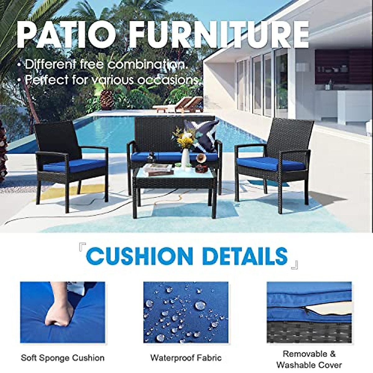 KAWIVAST 4 Pieces Patio Furniture Set, Wicker Patio Furniture Sets, PE Rattan Outdoor Furniture, Outdoor Conversation Sets, Deck Furniture Sets, All-Weather Patio Furniture