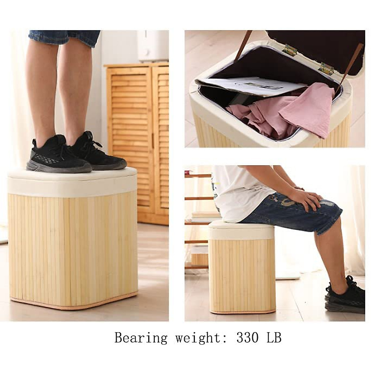 QQXX Bamboo Laundry Basket,Dirty Laundry Hamper Dirty Clothes Basket Bin with Lid and Removable Liner,Two Sections with Large Storage,Ideal for Bedroom Bathroom(Large,Two-Color)