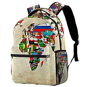 DEYYA Vintage World Map Flag Backpack Lightweight Student School Book Bags Casual Daypack,11.5x8x16 in