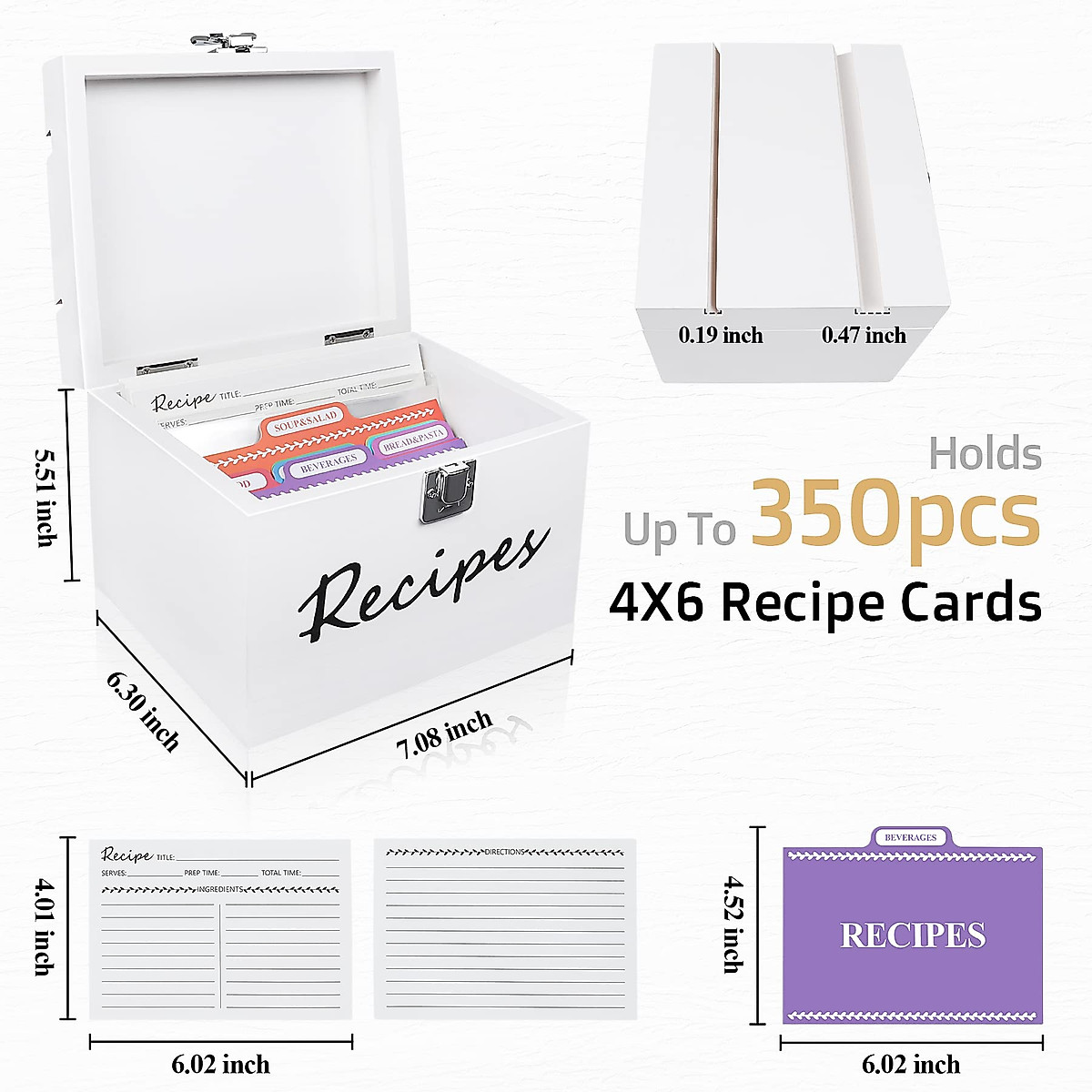 Fortuning's JDS Recipe Box with Cards and Dividers, Pinewood Recipe Organizer with 100 Double Sided 4x6 Recipe Cards, 100 Card Sheet Protectors, 12 Dividers and 2 Label Stickers