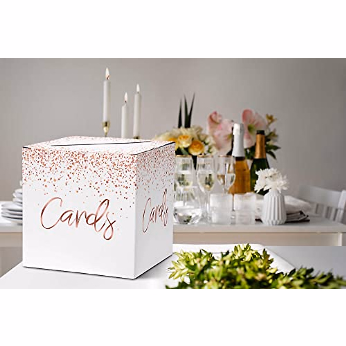 8”Card Box, White and Rose Gold Cards Receiving Box, For Birthday, Wedding, Bridal or Baby Shower, Engagement, Retirements, Graduation, Money Box Holder, Party Favor, Decorations, 1 pte (Cabox008