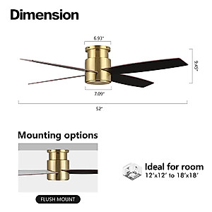 WINGBO 52" Flush Mount DC Ceiling Fan Without Lights, 4 Reversible Blades, Ultra Quiet 6-Speed DC Motor, Hugger Low Profile Indoor Ceiling Fan No Lights, Brass Finish