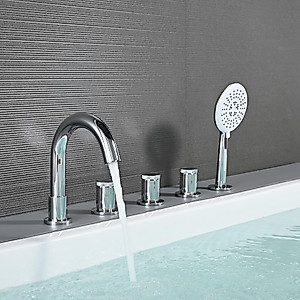5 Hole Bathtub Faucet Chrome, Roman Tub Faucet with Sprayer, Deck Mount Tub Faucet, Three Handle Tub Faucet Set, High Flow Bath Tub Faucet Brass Tub Filler - JIAENLEMA