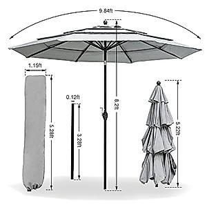 FrenzyBird Patio Umbrella 10ft Outdoor Table Market Umbrella 3 Tiers Patio Table Umbrella UV Protection Umbrella for Patio, Yard, Garden, Pool Side(Light Gray)