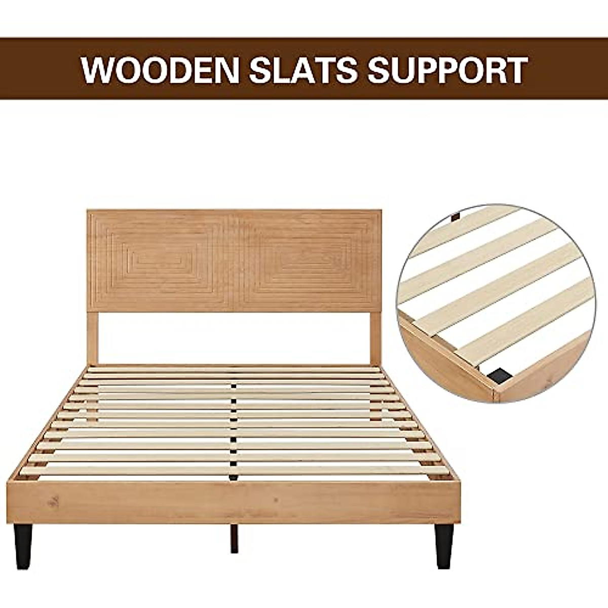 MUSEHOMEINC Mid Century Modern Solid Wood Platform Bed,King Size Bed Frame with Adjustable Height Headboard, Wood Slat Support Bed Frame, Bed Frame No Box Spring Needed