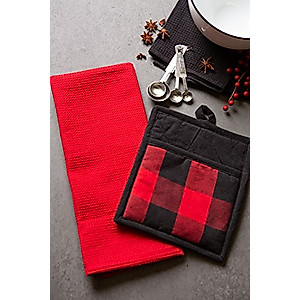 DII Buffalo Check Kitchen Collection, Classic Farmhouse Kitchen Set, Potholder & Dishtowel, Red & Black, 3 Piece