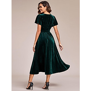 Ever-Pretty Women's Short Sleeve V Neck A Line Velvet Midi Dress Bridesmaid Cocktail Party Dresses Deep Green US6