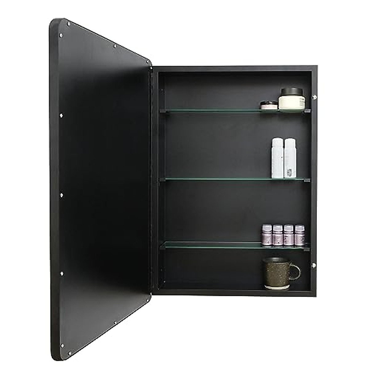 FOMAYKO Farmhouse Black Metal Framed Recessed Bathroom Medicine Cabinet with Mirror Rounded Rectangle Vanity Mirros for Wall 22x30 inch