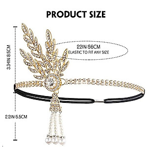 GORTIN 1920's Flapper Headband Leaf Rhiestones Headpiece Pearl Tassel Bride Wedding Headdress Head Bands Bridal Flapper Hair Accessories Head Chain for Women and Girls (Gold)