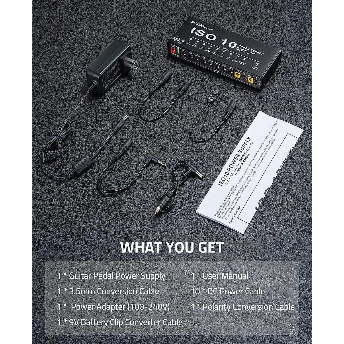 Mosky Guitar Pedal Power Supply 10 Isolated DC Output, 9V 12V 18V 300mA 500mA Effect Pedal Boards Power Supply with USB Port, Short Circuit Overcurrent Protection