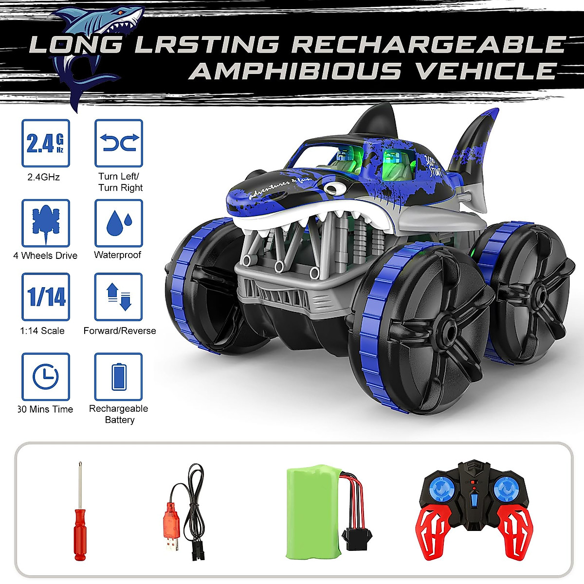 Amphibious Remote Control Car, RC Cars 2.4 GHz Working on Water, All Terrain Monster Shark Truck Stunt Car, Toys Gift for Boys Girls Age 5 6 7 8 9 10