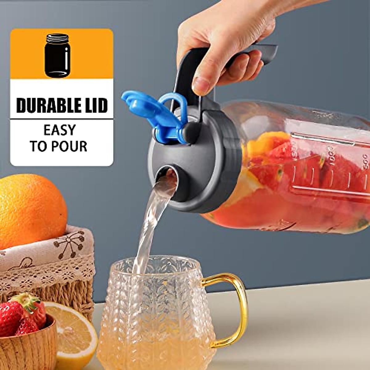 Mason Jar 64 oz Pitcher, Large Mason Jars Half Gallon Pitcher with Wide Mouth Airtight Lid, Heavy Duty 2 Quart Glass Pitcher With Lid for Cold Brew, Sun Tea, Juice, Coffee, Leakproof, Set of 1