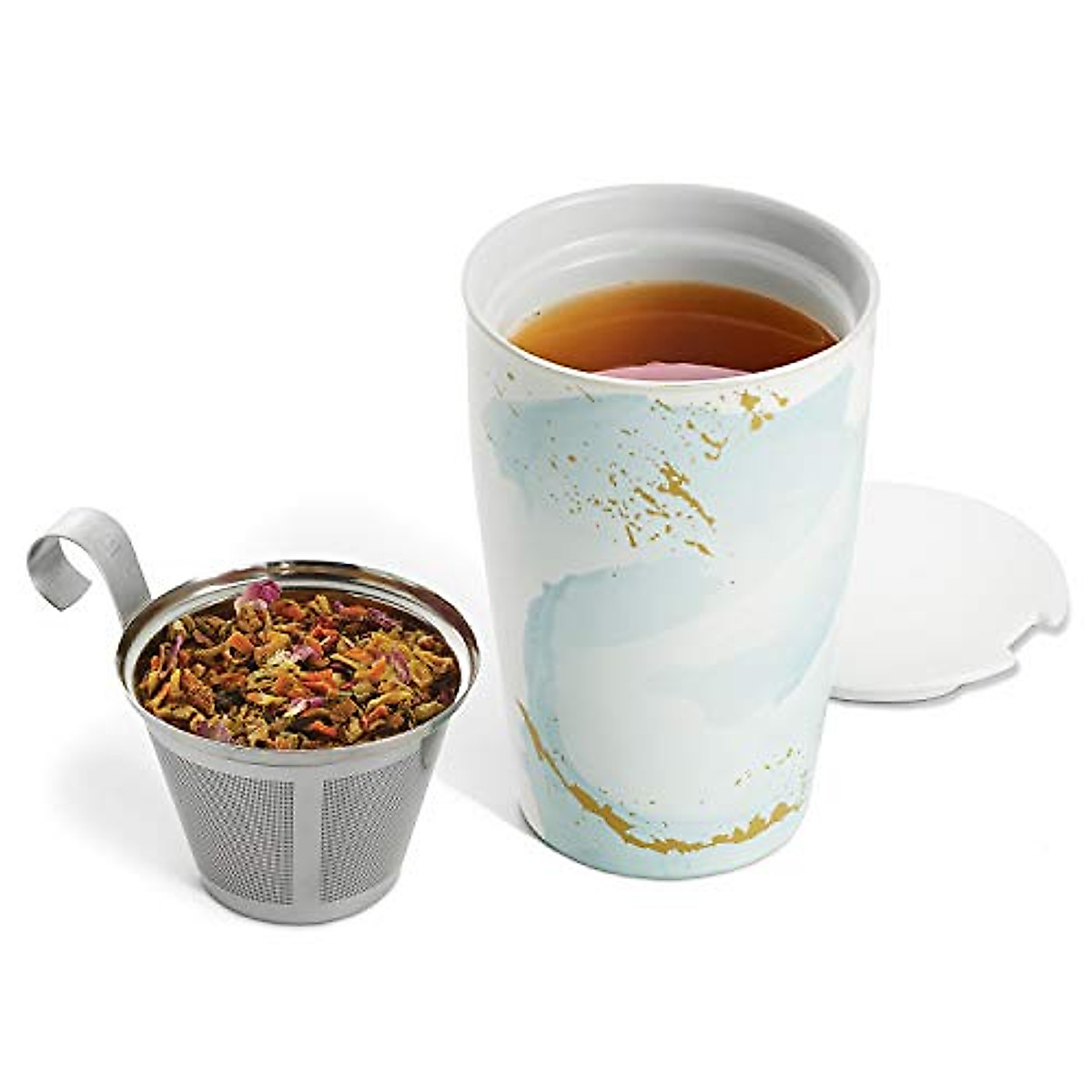 Tea Forte Kati Cup in Wellbeing, Ceramic Tea Infuser Cup with Infuser Basket and Lid for Steeping Loose Leaf Tea