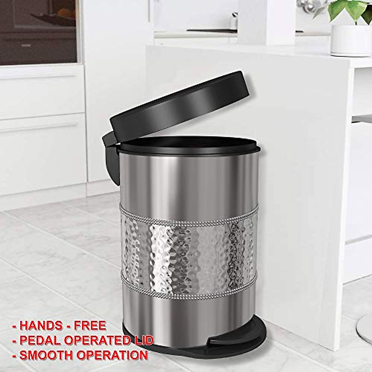 nu steel 5 Liter Round Small Metal Step Trash Can Wastebasket, Garbage Container Bin - for Bathroom, Powder Room, Bedroom, Kitchen, Office - Removable Liner Bucket - 8" X 8" X 12" – Shiny Steel