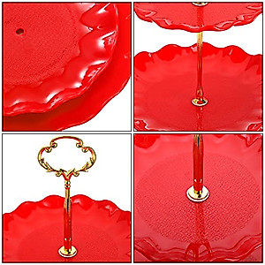 DEAYOU 4 Pack 3-Tier Cupcake Stand, Plastic Dessert Stand Display Tower, Tiered Cake Stands Serving Trays with Gold Rod, Pastry Rack Holder Platter for Buffet, Party, Wedding, Home Decor, Pink, Red