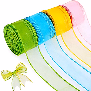 4 Rolls x 80 Yards Sheer Organza Wired Ribbon, Chiffon Wired Ribbon for Wrapping Making Bows, Wreaths, Bouquet Wrapping, Decoration, DIY Crafts (Light Colors,1-1/2 Inch)