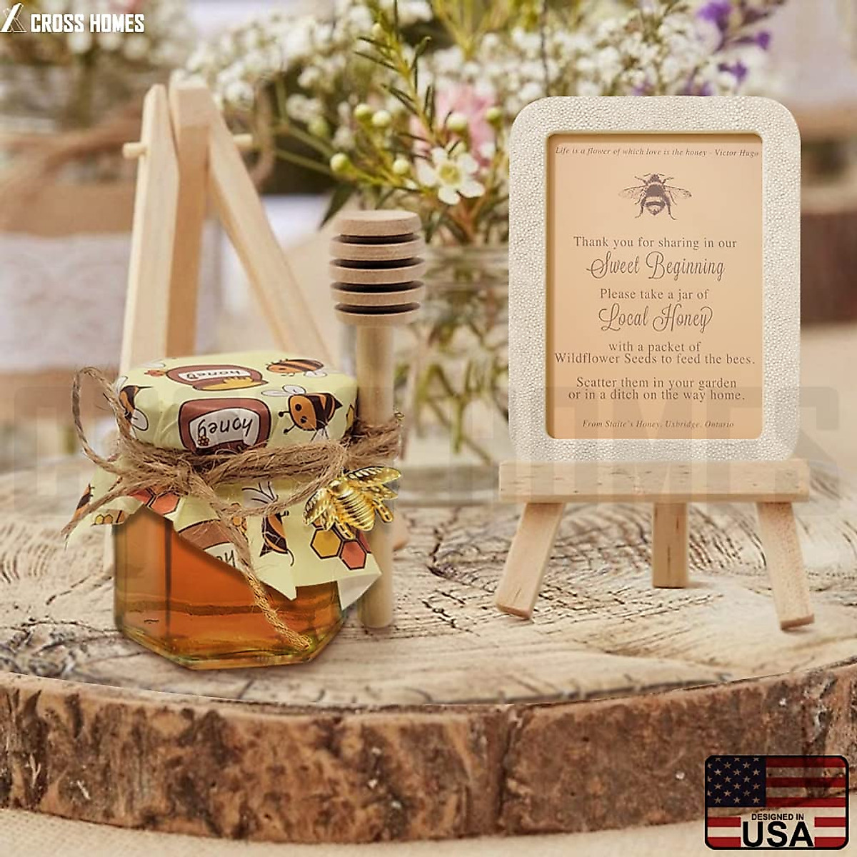 Honey Pot Hexagon Glass Honey Jar 1.5oz 42sets - Honey Jars with Wood Dipper Gold Lid Gold Bee Charm Pendant Decorative Bee Wrapping Paper Jute Hanging Rope - Wedding Favors Baby Shower Party Favors
