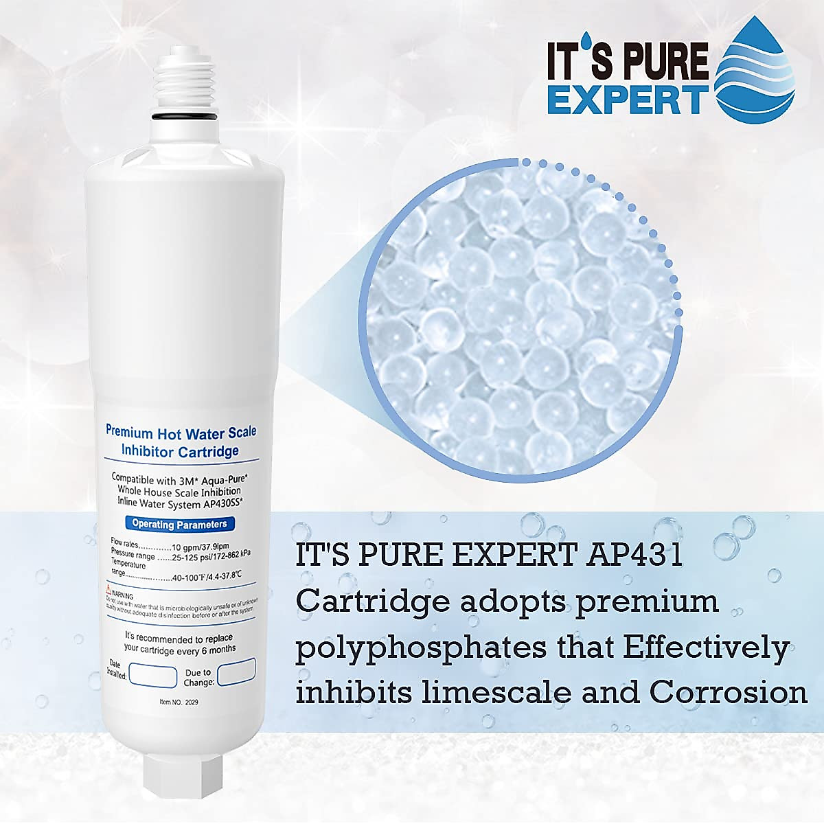 3 Pack AP431 Cartridge, Replacement for Aqua-Pure Whole House Scale Inhibition Inline Water System Helps Prevent Scale AP430SS - IT'S PURE EXPERT