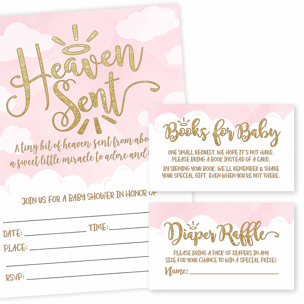 Hadley Designs 25 Pink Heaven Sent Baby Shower Invitations, 25 Book Request Baby Guest Book Alternative, 25 Baby Diaper Raffle Tickets for Baby Shower Games To Plays