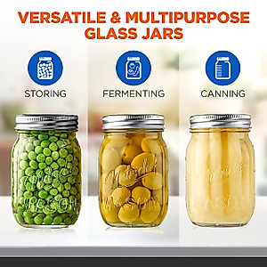 NutriChef 6-Pack 16 oz Mason Jars with Lids - Thick Glass Canning Jars with Stainless Steel Lids - Ideal for DIY Spices, Meal Prep, Overnight Oats, Jelly, Jam, Honey, Candles, Crafts, & More