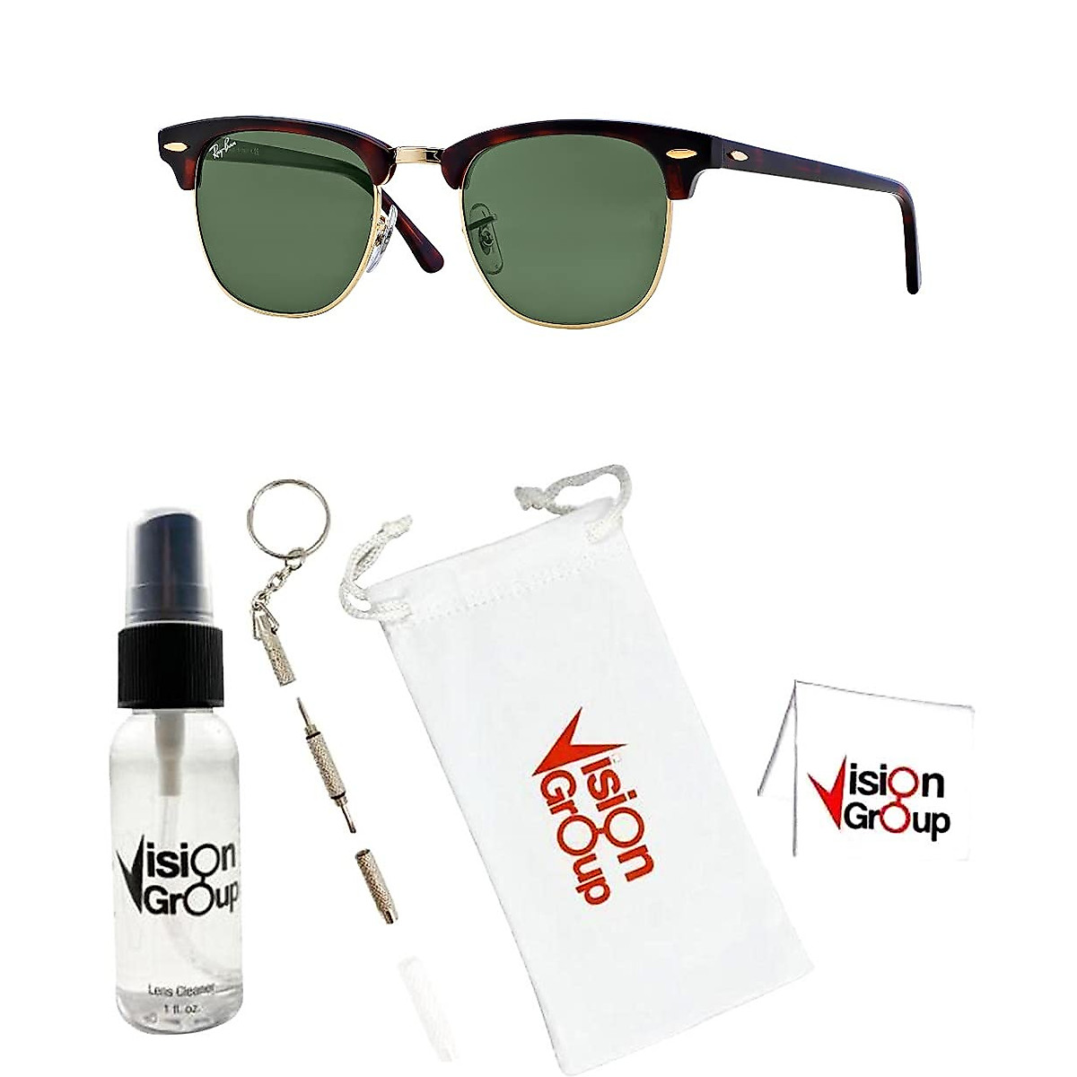 Ray-Ban RB3016 Clubmaster Sunglasses+ Vision Group Accessories Bundle(Mock Tortoise On Arista/Crystal Green (W0366),51) for unisex-adult