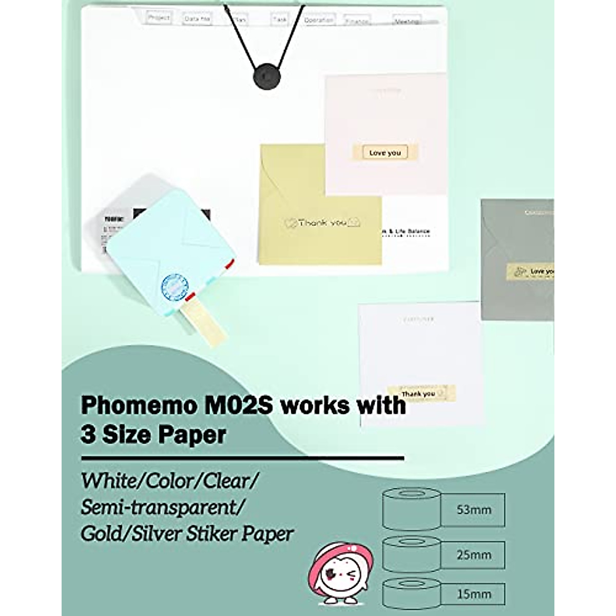 Phomemo Pocket Printer- M02S 300dpi Portable Bluetooth Inkless Mini Phone Printer- Note Printer for DIY Creation, Photo Printing, Study Notes, Cyan