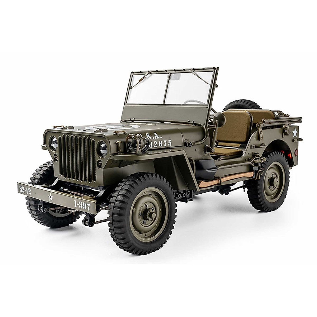 FMS Rochobby RC Car 112 1941 MB Scaler Willys Jeep Remote Control Crawler Military Truck 4x4 Offroad Vehicle with Transmitter Battery and Charger, Small, RC12001RTR Hunter Green