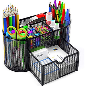 Desk Organizer Mesh Desktop Office Supplies Multi-functional Caddy Pen Holder Stationery with 8 Compartments and 1 Drawer for Office, Home, School, Classroom by Pipishell