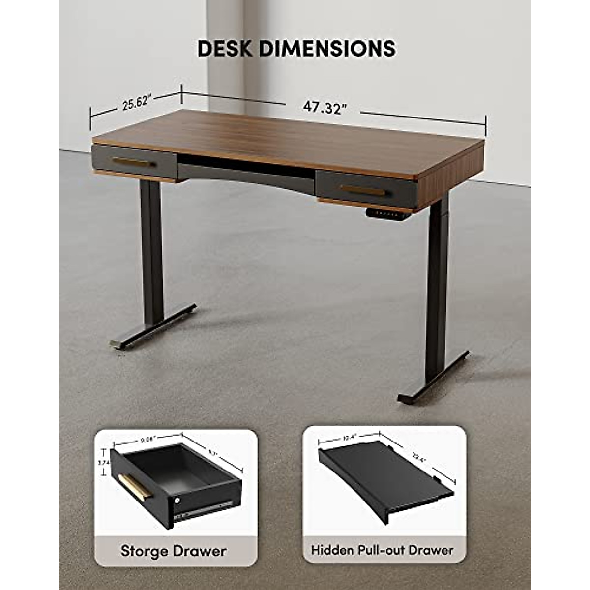 BANTI 48" x 26" Electric Standing Desk, Mid-Century Modern Desk with 3 Drawers, Stand Up Home Office Desks, Vintage Top