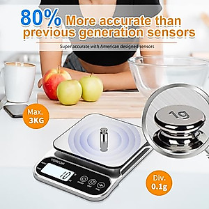 YONCON Smart Food Scale Digital Weight Grams and Oz, 3kg/0.1g Kitchen Scale for Weight Loss, Cooking, Baking, Super Accurate, Easy to Clean and Store, Tare Function (Batteries Included)