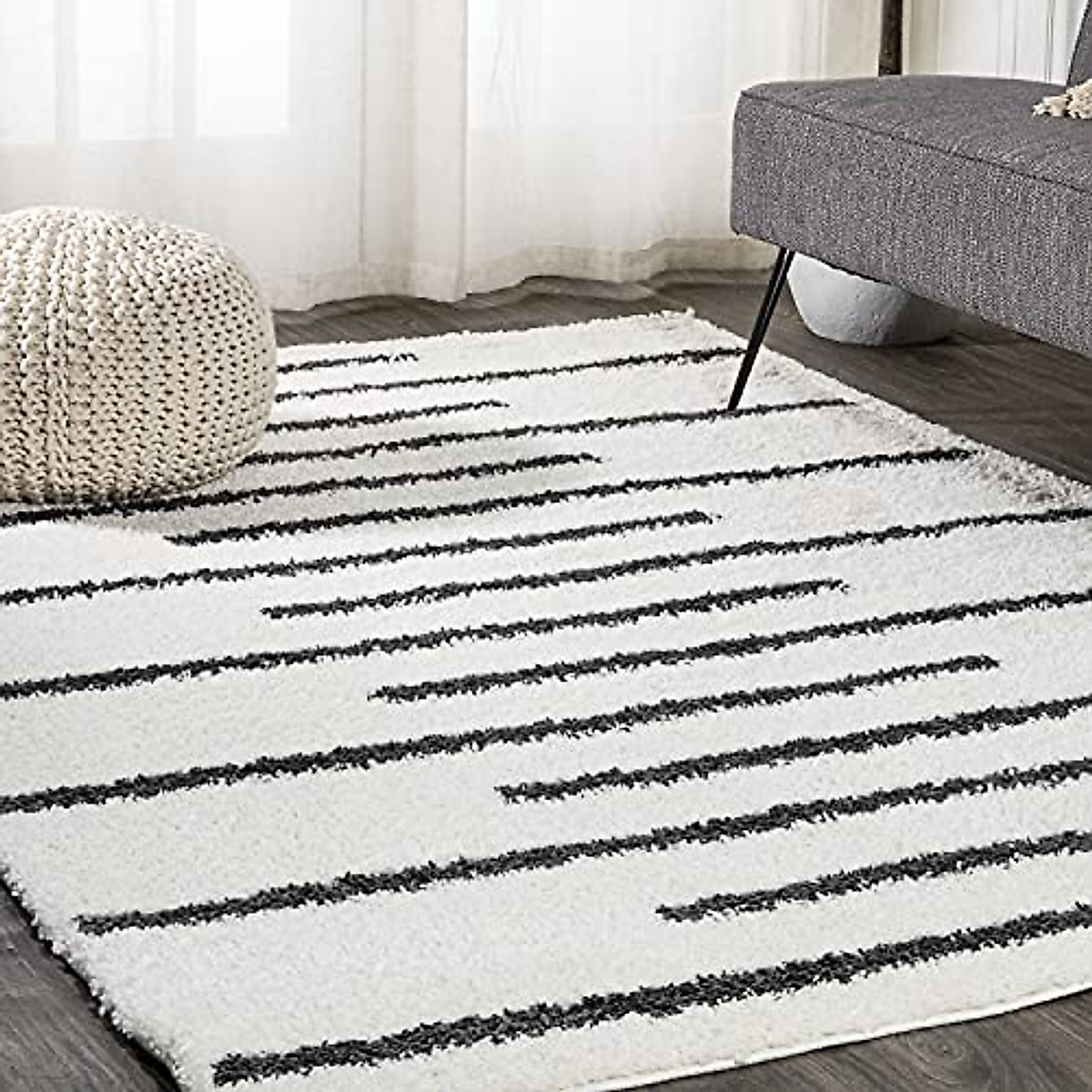 JONATHAN Y MOH402A-8 Alaro Berber Stripe Shag Indoor Area-Rug Bohemian Geometric Contemporary Glam Easy-Cleaning Bedroom Kitchen Living Room Non Shedding, 8 X 10, White/Black