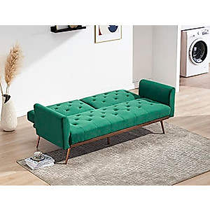 Eafurn Button Tufted Futon Bed, Modern Convertible Loveseat, Comfy Upholstered Folding Sofa & Couches with Armrest for Apartment, Compact Sofabed, Green Velvet 68.3" w/Wood Trim