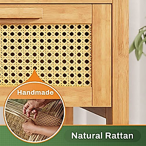 VIAGDO Nightstand with Charging Station, Bamboo End Table, Bedside Table with Rattan Drawer, Night Stand for Bedroom, Natural