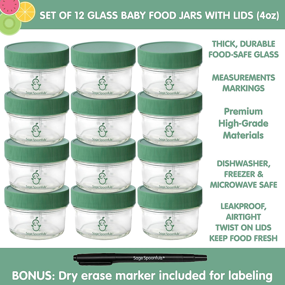 Sage Spoonfuls Glass Baby Food Containers with Lids - 12 Pack, 4 oz Baby Food Jars, Freezer Storage, Leakproof, Reusable Small Glass Baby Food Containers, Microwave & Dishwasher Friendly