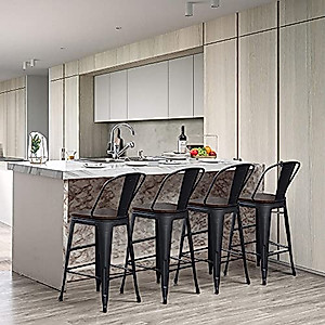 Yongqiang 26" Bar Stools Set of 4 High Back Metal Counter Height Chairs Barstools with Wooden Seat Industrial Matte Black
