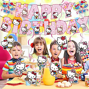 Kitty Birthday Party Supplies Banner and 8*Hanging Swirls for Kitty Birthday Decorations, Kids Boys and Girls for Birthday Party Decorations Happy Theme.