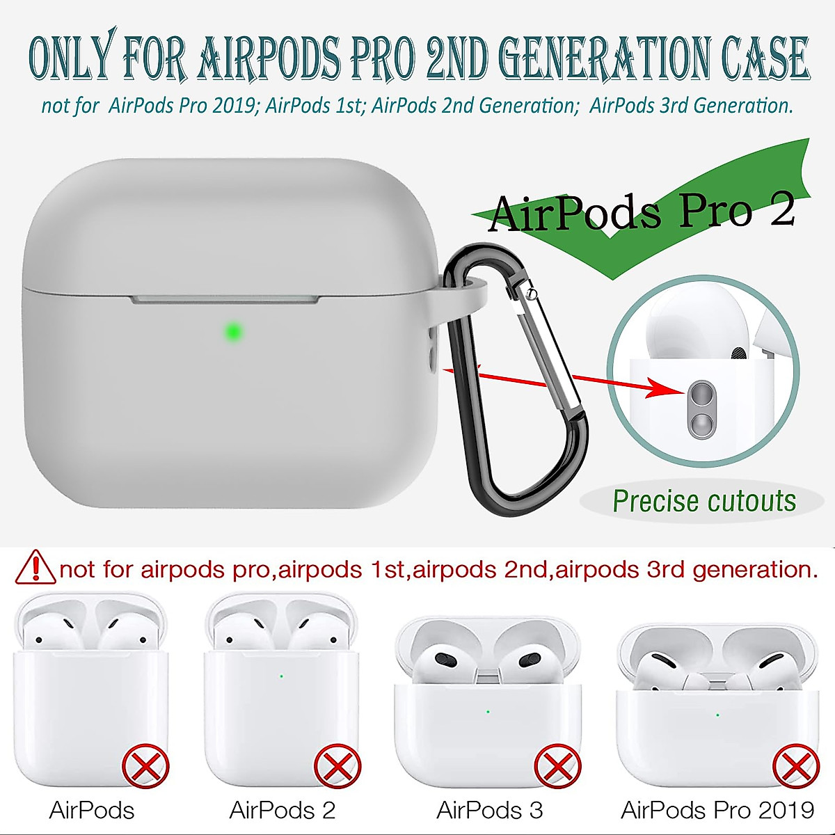 Coffea for Airpods Pro 2nd Generation Case Cover, Soft Silicone Shock-Absorbing Protective Case with Keychain for New Apple Airpods Pro 2 Case 2022 [Front LED Visible] - Gray