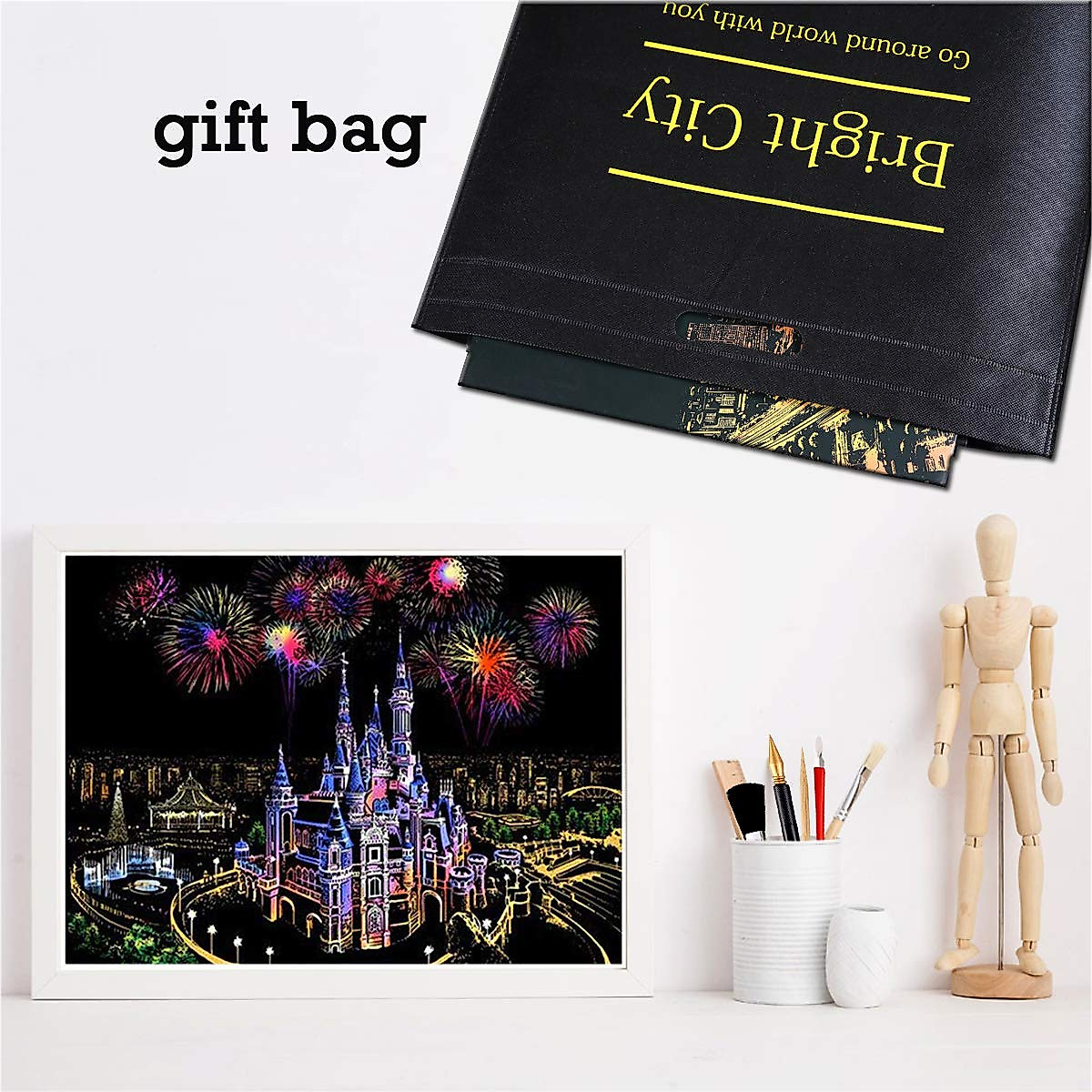 Ameolela Rainbow Scratch Painting Paper, Sketch DIY Art Craft City Series Night View Creative Gift, Scratchboard for Adults and Kids, Craft Kits with 4 Tools, Size 16x11 inches (4 Pack)