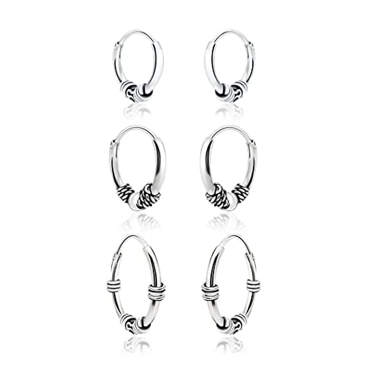 Hoops & Loops 925 Sterling Silver 10mm,12mm, 14mm Balinese Beaded Rope Lightweight Endless Hoop Earrings for Teen Girls Women Men, 3 Pairs Silver