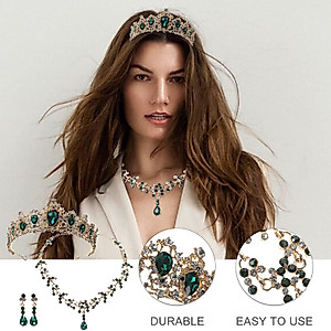 Generic Wedding Bridal Flower Jewelry Set Baroque Tiara Crystal Crown with Comb Retro Rhinestone Necklace Earrings Bridesmaids Queen Costume for Prom Party ( Green )