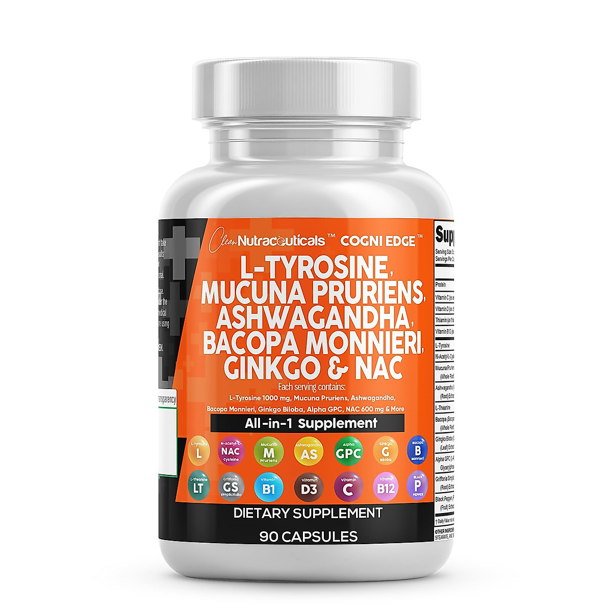 Clean Nutraceuticals L Tyrosine Mucuna Pruriens Bacopa Monnieri Ashwagandha Focus Supplement w/N-Acetyl Cysteine NAC 5-HTP Ginkgo Biloba Alpha GPC Vitamin C D B1 B12