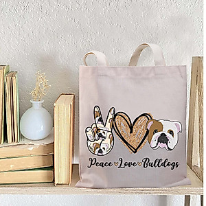 BDPWSS English Bulldog Tote Bag For Women Bulldog Mom Gift Bulldog Owner Gift Peace Love Bulldog Canvas Shoulder Bag (Peace bulldogs TG)
