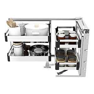 Fetcoi Blind Corner Cabinet Pull Out Right, Blind Corner Cabinet Organizer Handed Open, Corner Optimizer, Chrome Blind Corner Soft Close, 2 Tiers Swing Tray