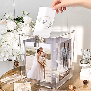 CYAOOI Acrylic Wedding Card Box with Picture Frame, Clear Gift Card Box for Wedding Reception, Large Rotatable Money Envelope Card Box Holder with Lock for Graduation Party Birthday Baby Shower