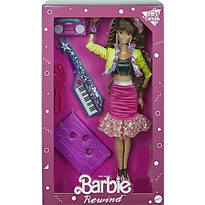 Barbie Rewind 80s Edition Dolls’ Night Out Doll (11.5-in Brunette) in Party Look Featuring Neon Jacket, Skirt & Accessories, with Cassette Tape Doll Stand, Gift for Collectors