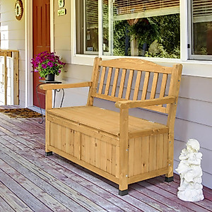 Cedar Wood Deck Box Bench, Storage Box with Backrest Armrest, All-Weather Yard Container Furniture for Tools, Toys, Outdoor Storage Bench Deck Box w/Seat for Backyard, Porch, Patio (Bright Yellow)