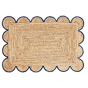 Weaving Village Scalloped Natural Jute Area Rug, Navy Trim, 2x3